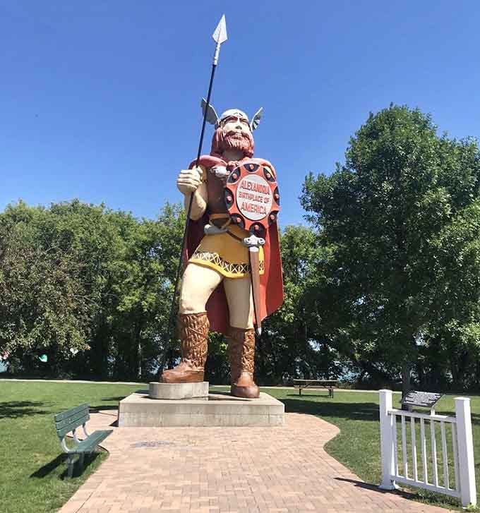 Big Ole stands proud in his Viking glory, looking like he's about to announce the world's most epic Minnesota potluck.
