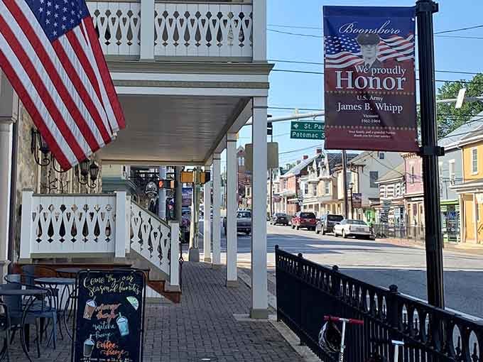 Victorian porches draped with Old Glory create the kind of patriotic scene Norman Rockwell would've painted in his sleep.