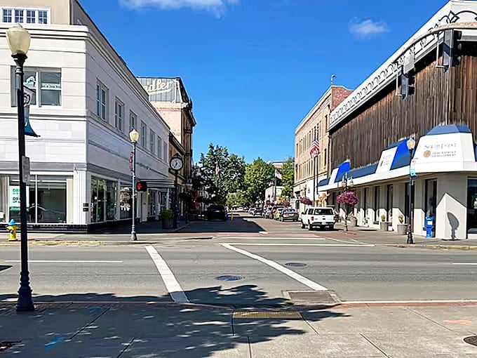 Clean sidewalks and preserved storefronts show a community that treasures its heritage with genuine pride.