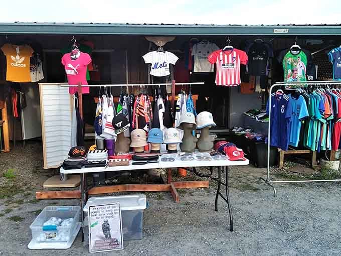 International soccer jerseys and bucket hats prove that sports fans shop flea markets with serious dedication and style.