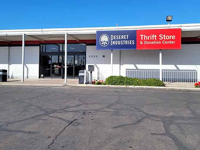 The clean, modern exterior and manicured landscaping signal that thrifting here means business, the good kind of business.