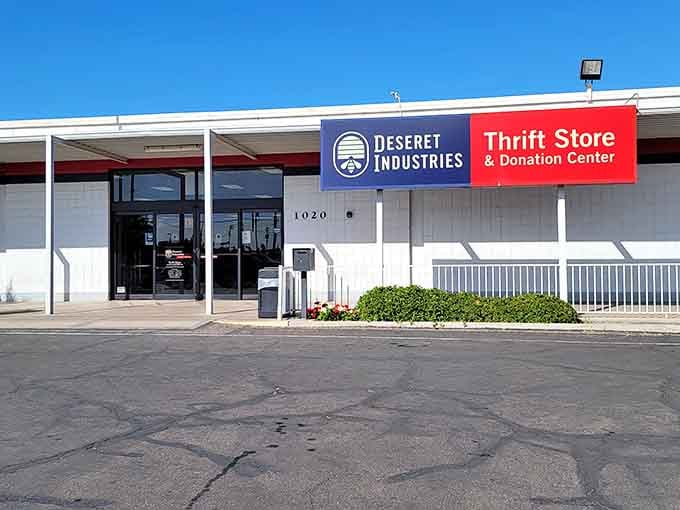 The crisp signage against white walls announces a thrift store where every purchase helps families build better futures.