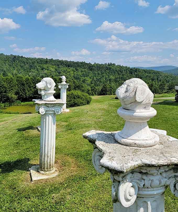 Classical columns and carved details create an elegant outdoor gallery celebrating art in Vermont's beautiful mountain setting.