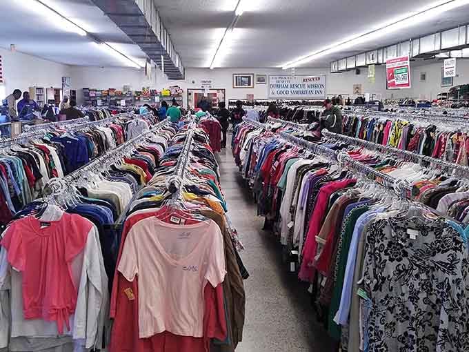 Endless racks of clothing create a maze of fashion possibilities, organized better than some retail stores.
