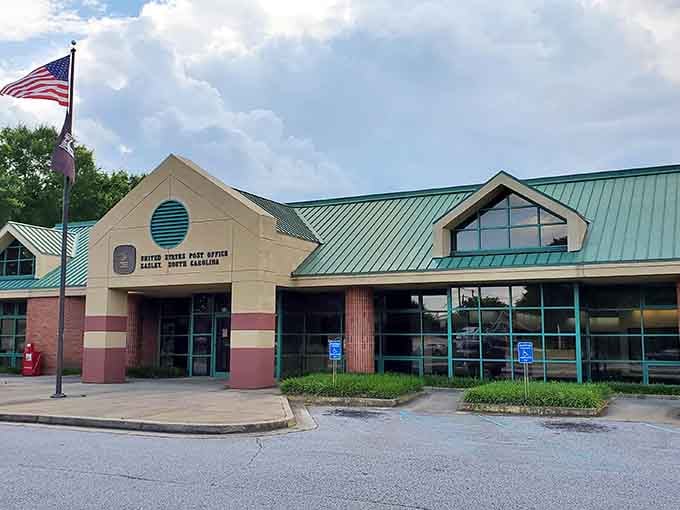 Easley's post office stands as a charming brick landmark in this affordable Electric City. The distinctive green roof adds character to this practical community hub.