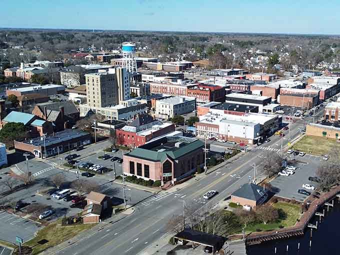From above, this small-town grid reveals a community built on human scale, not highway speed.