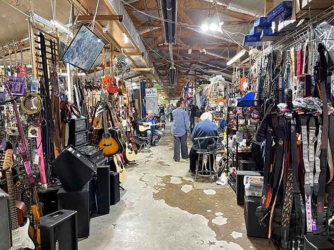 Musical instruments and memories line these walls. Flea Land's narrow aisles create the perfect treasure hunt atmosphere.
