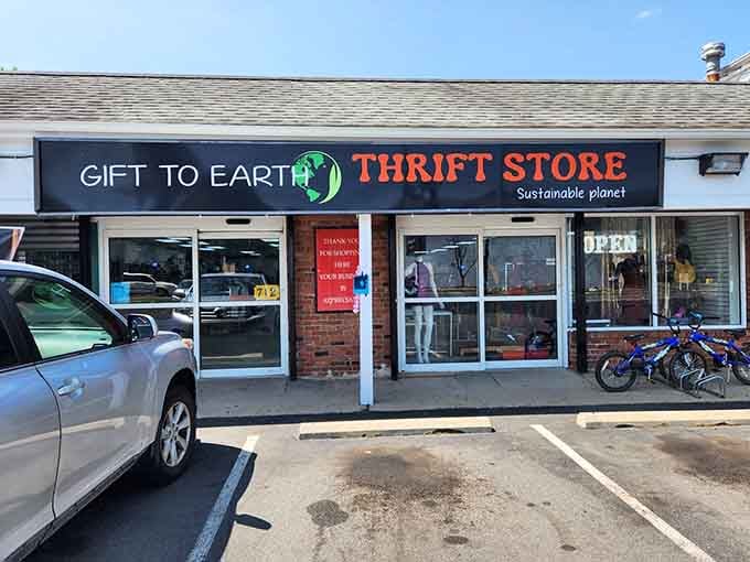That "Gift to Earth" sign isn't just clever marketing&mdash;it's a reminder that thrift shopping saves the planet.