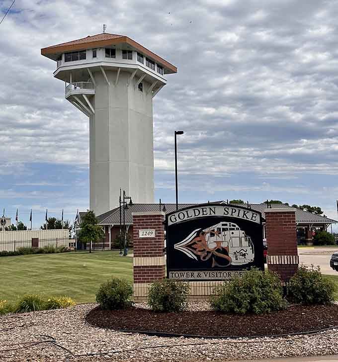 Standing tall over railroad history. The Golden Spike Tower's gleaming white structure watches over North Platte's busy rail yard.