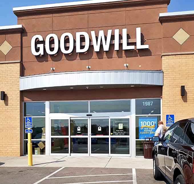 Goodwill Rochester's modern storefront hides a cavern of secondhand wonders. Clean lines outside, organized chaos of treasures inside.