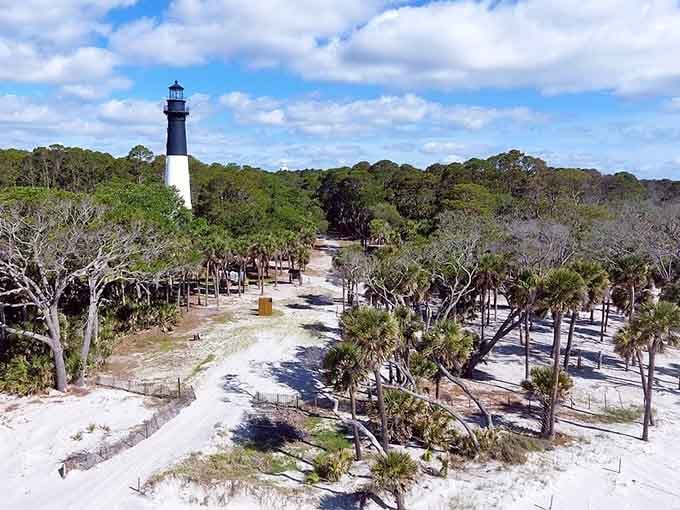 The lighthouse stands proud among sandy paths and coastal trees, a beacon calling adventurers to explore Hunting Island's treasures.