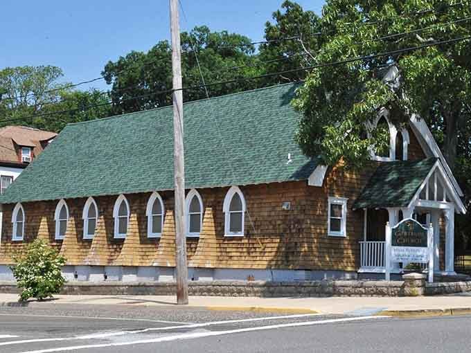 Cedar-shingled charm meets Gothic windows in this tabernacle building where summer gatherings have echoed for over a century.