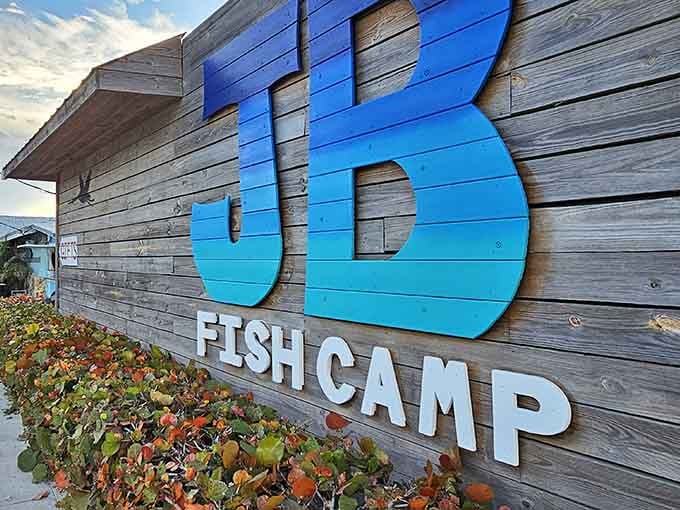 JB's bold blue sign stands out like a lighthouse, guiding hungry travelers to some of New Smyrna's finest catches.