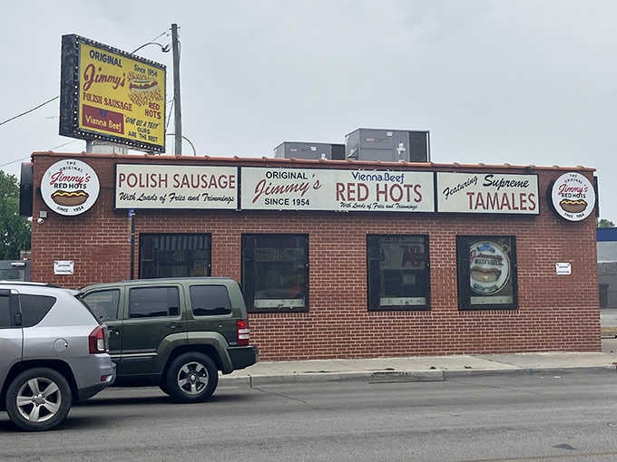 Jimmy's brick fa&ccedil;ade has witnessed decades of Chicagoans lining up for their famous "no ketchup allowed" hot dogs.