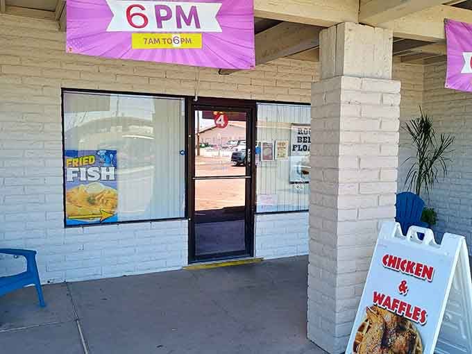 Ken's Diner keeps it real with no-nonsense signage and a sidewalk promise of chicken and waffles worth crossing town for.