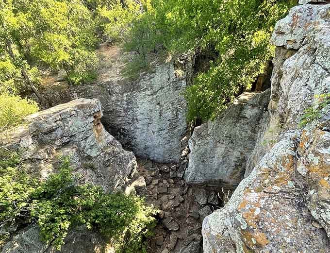 Looking down into this rocky gorge reveals the raw power of water carving through limestone over countless centuries.