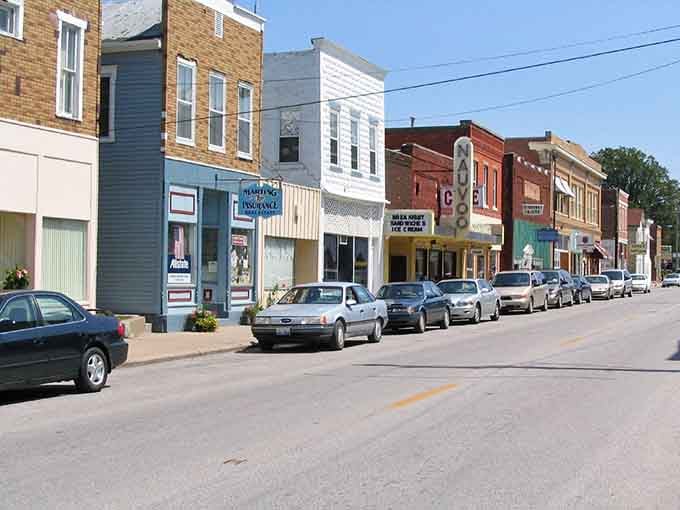 Nauvoo's main street stretches wide and peaceful, perfect for a town where everyone waves at passing cars.