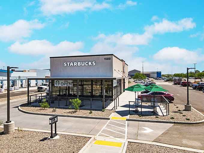 Even Starbucks looks good here, proving that small-town Arizona can blend familiar comforts with desert landscape charm beautifully.