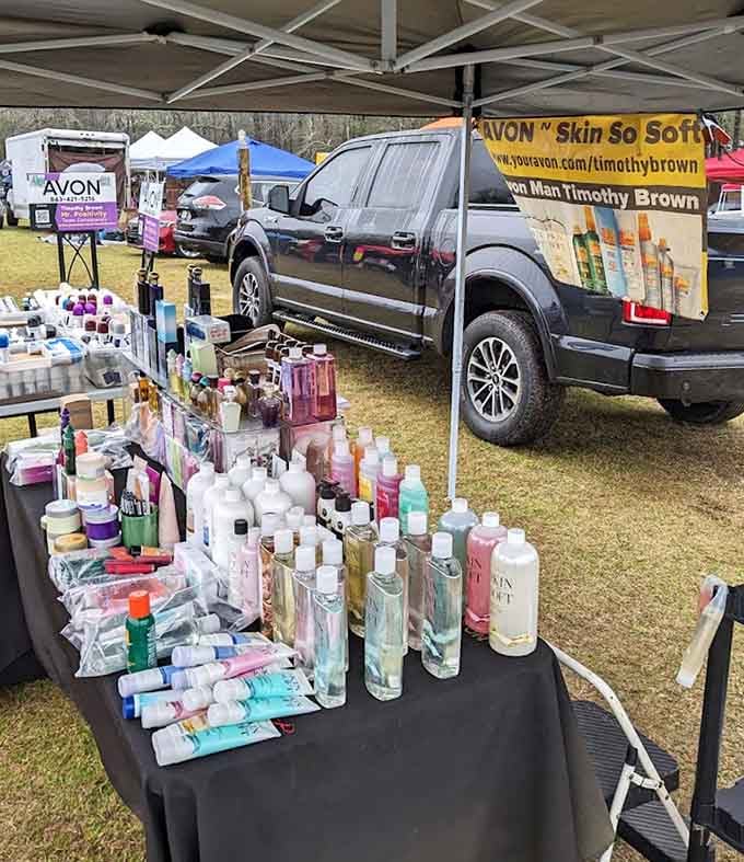 Beauty products sparkle under the tent like a department store counter decided to go camping for fun.