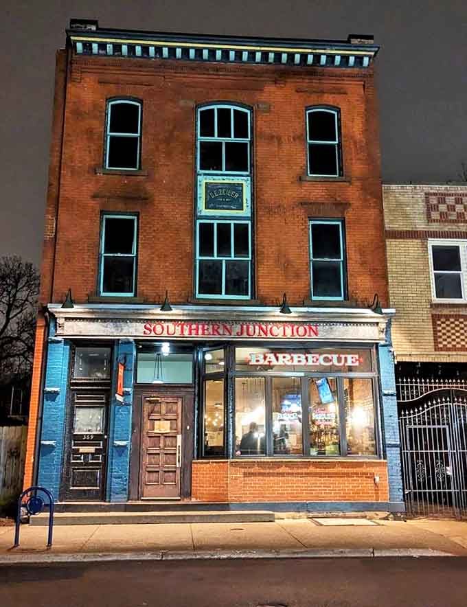 Southern Junction's historic brick building glows like a beacon of barbecue brilliance in Buffalo's night.