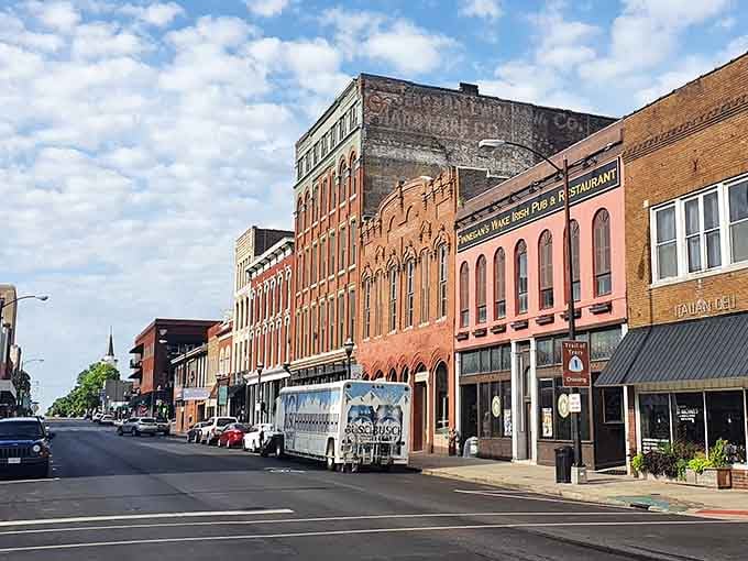 Historic brick facades and ghost signs tell stories of commerce and community stretching back through generations of American life.