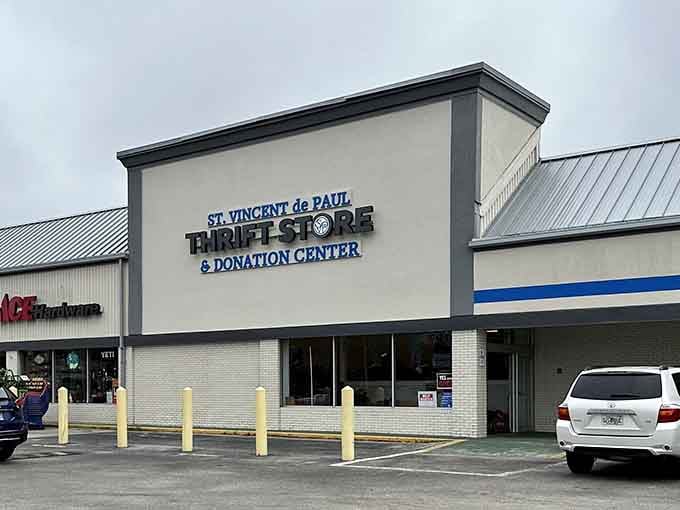 St. Vincent de Paul's modern storefront blends seamlessly into this shopping center. Their donation center makes giving back convenient too!