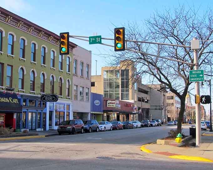 Terre Haute's colorful downtown buildings stand like a row of Monopoly pieces, offering real-life affordable living instead of bankruptcy.