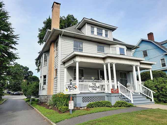This classic white Victorian house turned thrift shop looks like it wandered straight out of a Hallmark movie.