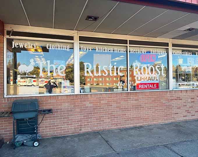 Large storefront windows showcase the variety inside, from jewelry to kitchen items to vintage records and antiques.