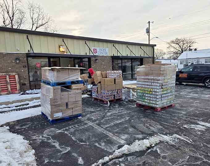 Pallets stacked outside like a game of Tetris mean fresh donations are arriving faster than hotcakes disappear.