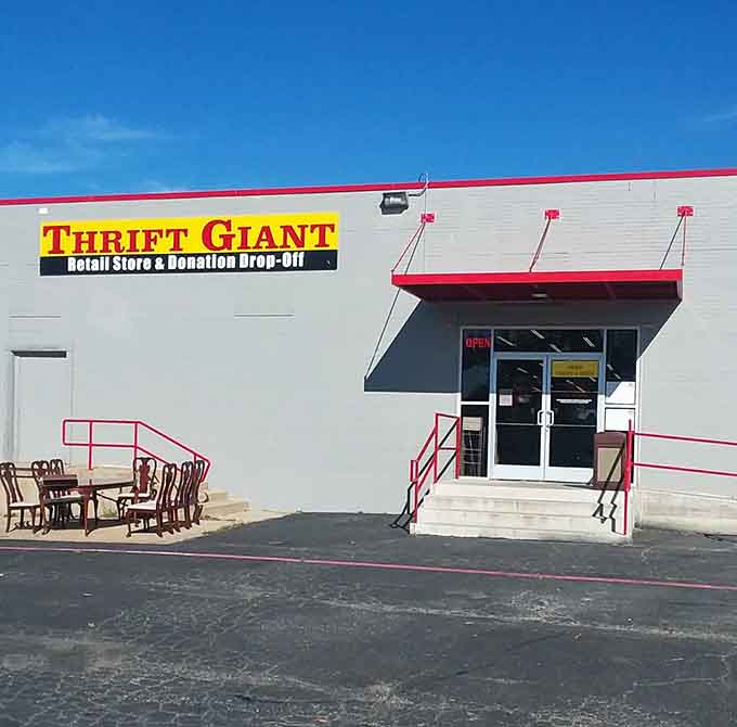 The bold signage against that bright blue sky promises bargain hunting adventures worthy of your entire Saturday afternoon expedition.