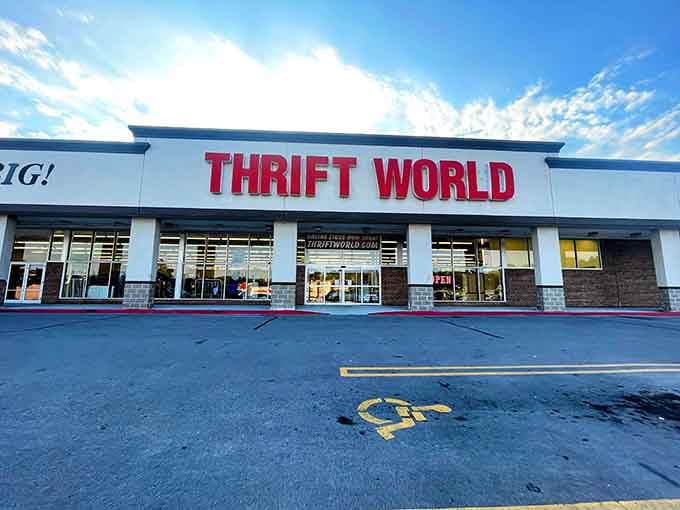 Bold red letters announce a thrift empire where one person's castoffs become another's perfect treasure at unbeatable prices.