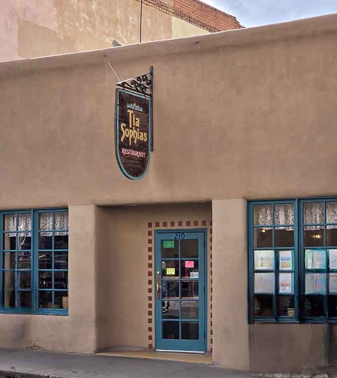 Tia Sophia's understated sign gives no hint that breakfast legends are born here. The birthplace of "Christmas-style" chile awaits!