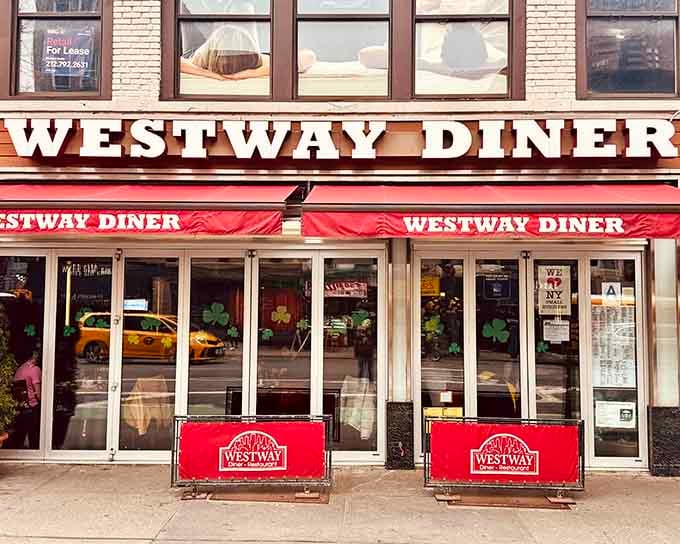 Westway Diner's bold red awnings have sheltered Broadway stars and night shift workers alike. Their menu is thicker than some scripts performed nearby.