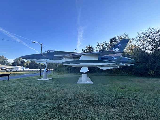 That fighter jet stands guard on the lawn, a permanent sentinel reminding passersby of service and sacrifice.