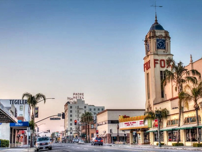 Bakersfield's downtown catches the evening glow, where palm trees and historic architecture create an unexpectedly beautiful scene.