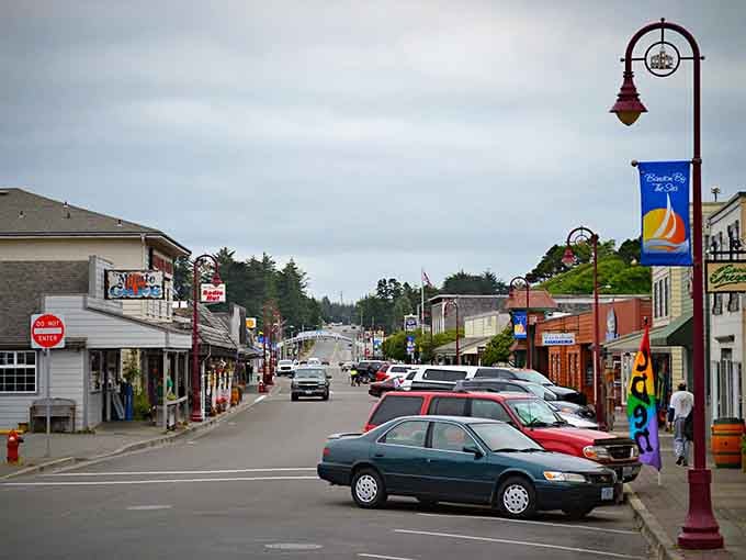 Decorative street lamps and cheerful banners create an inviting atmosphere that makes strolling feel like an event.