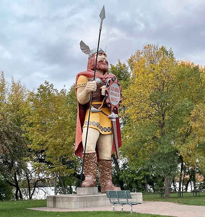 With his shield, spear, and magnificent beard, Big Ole brings Norse mythology to life against the autumn trees of Alexandria.