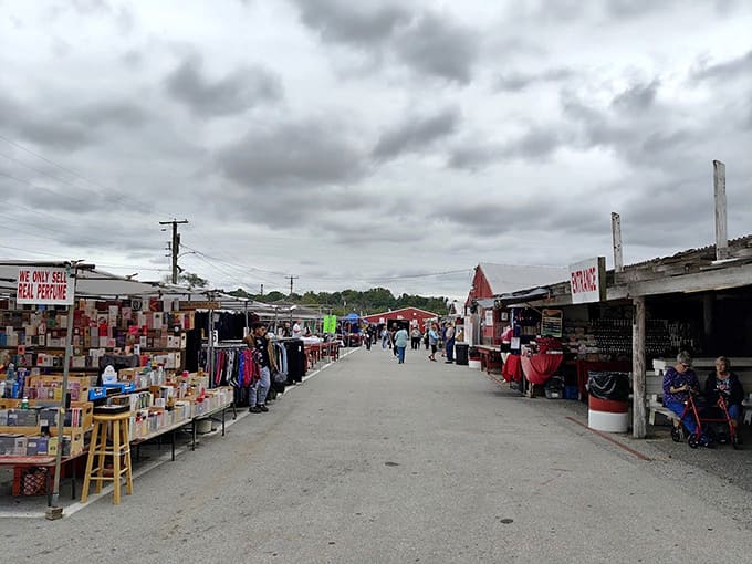 Vendor stalls stretch toward the horizon under dramatic skies, creating an outdoor bazaar that rivals any international market.