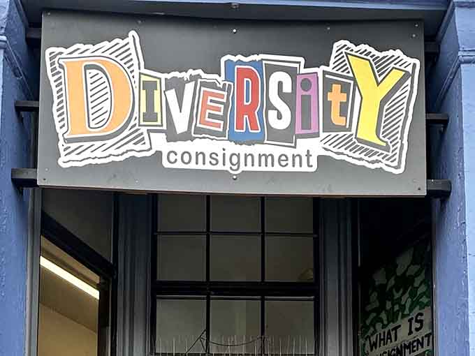 The playful hand-drawn signage and rainbow of colors outside hints at the eclectic fashion treasures you'll discover within.