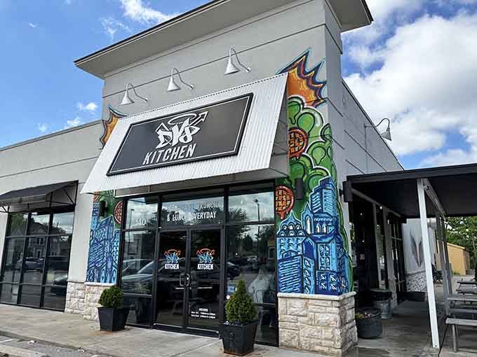 Bold street art meets modern design, proving that creative energy and scrambled eggs make surprisingly perfect breakfast companions together.