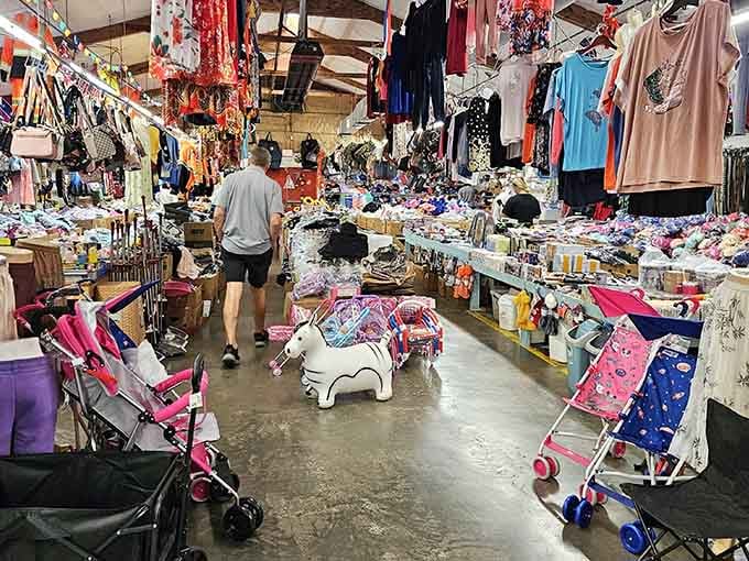 That colorful unicorn stroller steals the show among household goods, proving you never know what surprises await here.