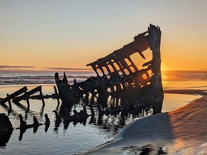 The Peter Iredale shipwreck glows golden at sunset, a haunting reminder of the ocean's raw power.