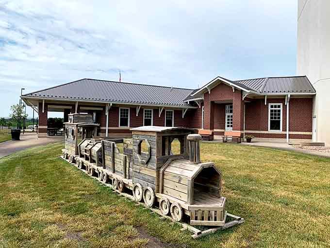 All aboard the nostalgia express! This wooden train playground piece invites kids to conduct imaginary journeys at the Golden Spike visitor center.