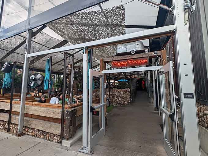 Industrial chic meets camping vibes where every meal feels like a happy outdoor adventure.