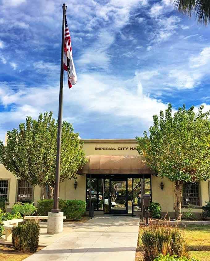 Imperial's City Hall stands under brilliant blue skies, where small-town government meets big-hearted community values and affordable living.