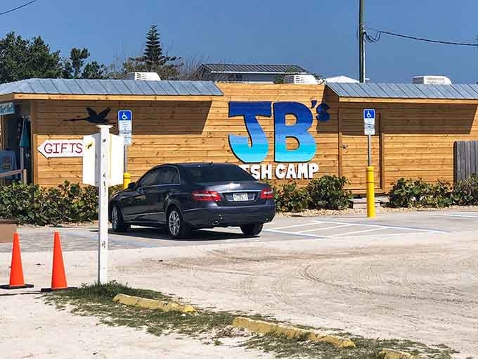 The wooden exterior of JB's Fish Camp has weathered many storms, but their commitment to fresh seafood remains unshaken.
