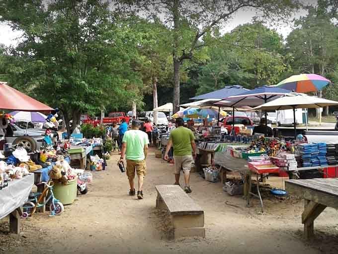 Shaded outdoor stalls create a community gathering spot where neighbors become friends over shared treasure hunts.