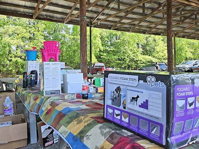 Pet supplies under a rustic tin roof show that even Fido deserves bargains on those fancy foam steps.
