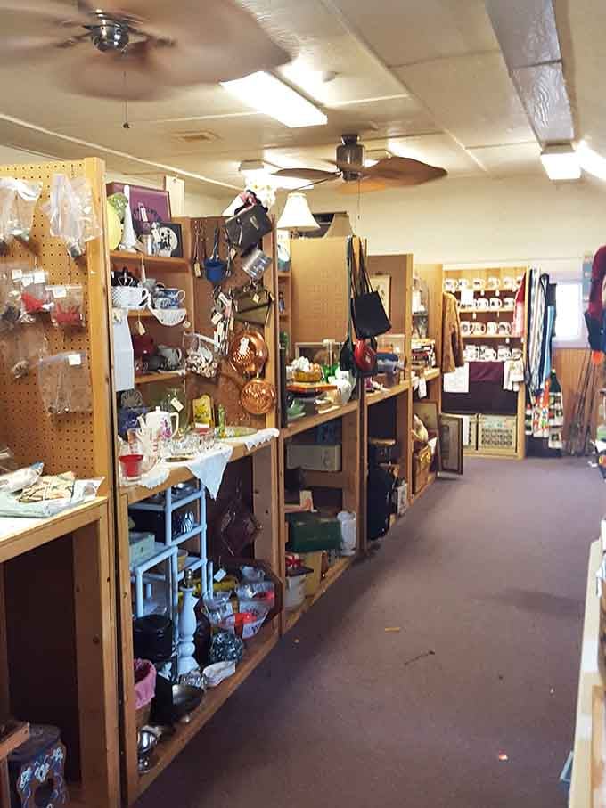 Inside the barn, wooden shelves overflow with vintage treasures creating cozy aisles perfect for unhurried weekend browsing.